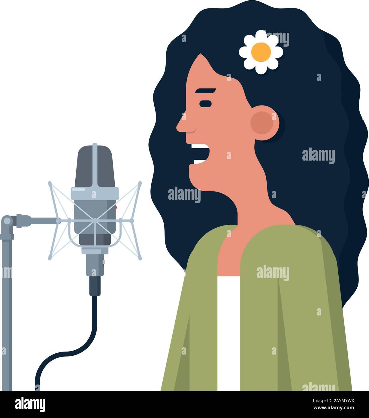 Woman speaking into microphone and wearing headphones Stock Vector ...