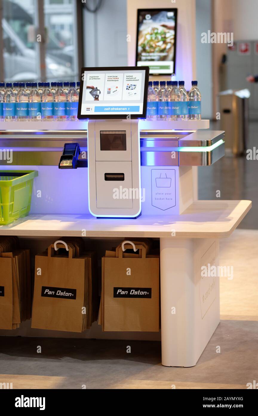 Duesseldorf, Germany. 16th Feb, 2020. A self-scan checkout can be seen ...