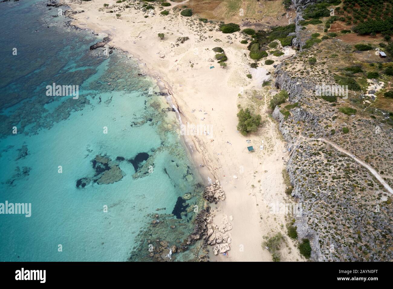 Aerial shot of beautiful turquoise beach Falasarna (Falassarna) in ...