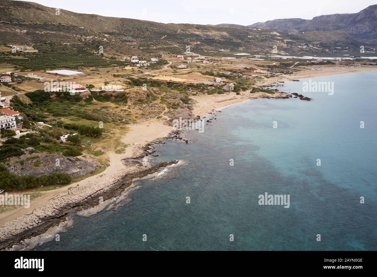 Aerial shot of beautiful turquoise beach Falasarna (Falassarna) in ...