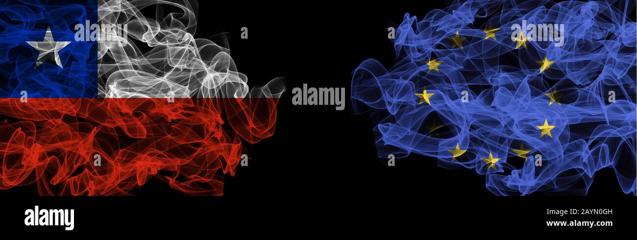 Flags of Chile and EU on Black background, Chile vs Europe Union Smoke ...