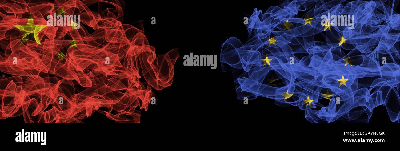 Flags of China and EU on Black background, China vs Europe Union Smoke ...