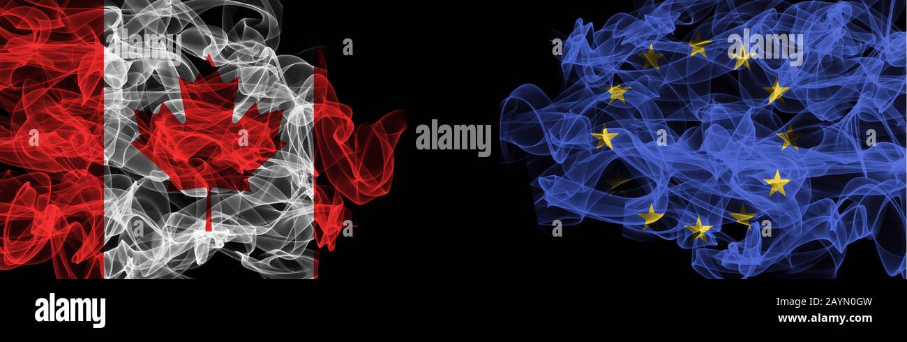 Flags of Canada and EU on Black background, Canada vs Europe Union ...