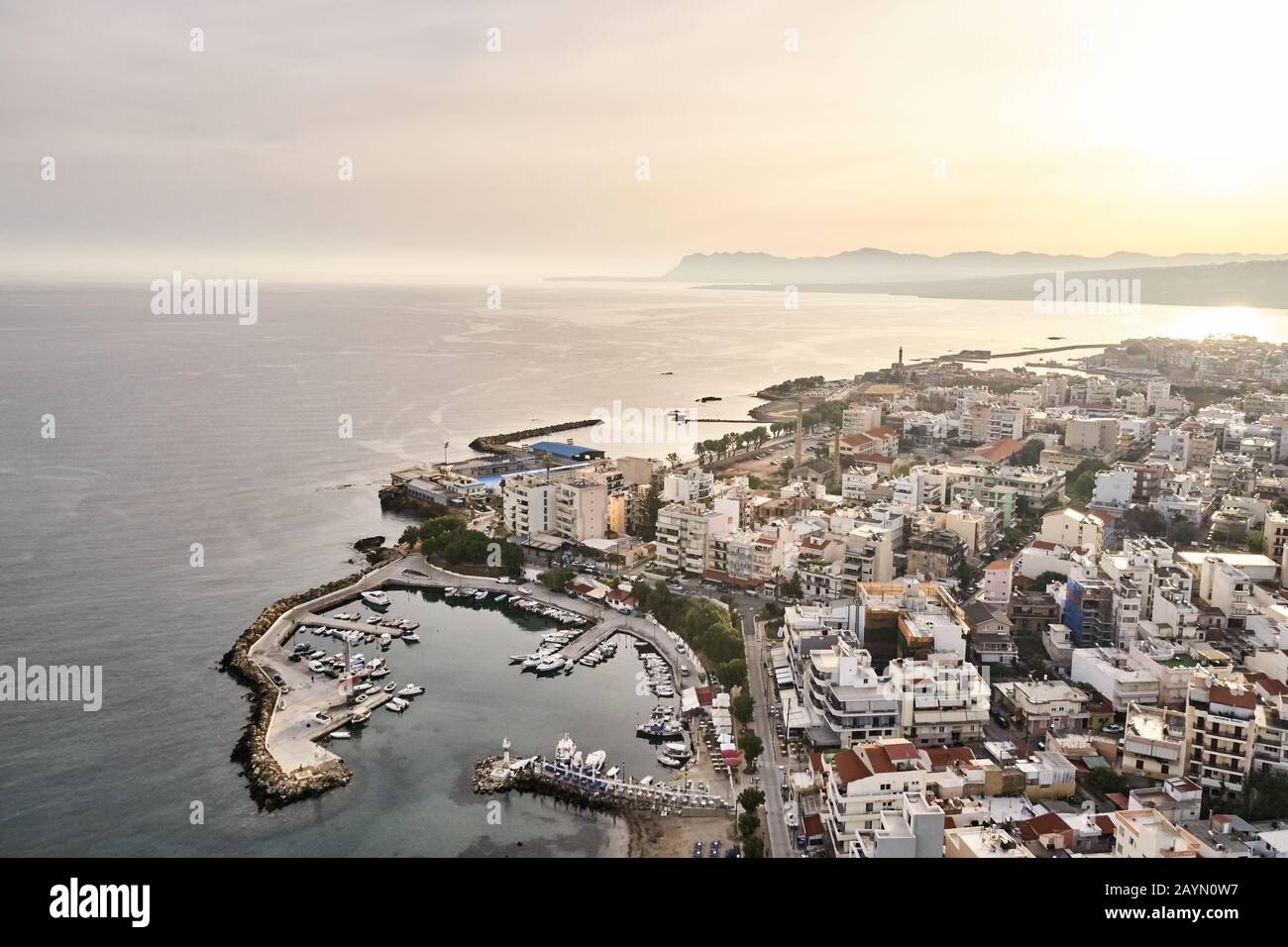 Panoramic drone aerial view from above of the city of Chania, Crete ...