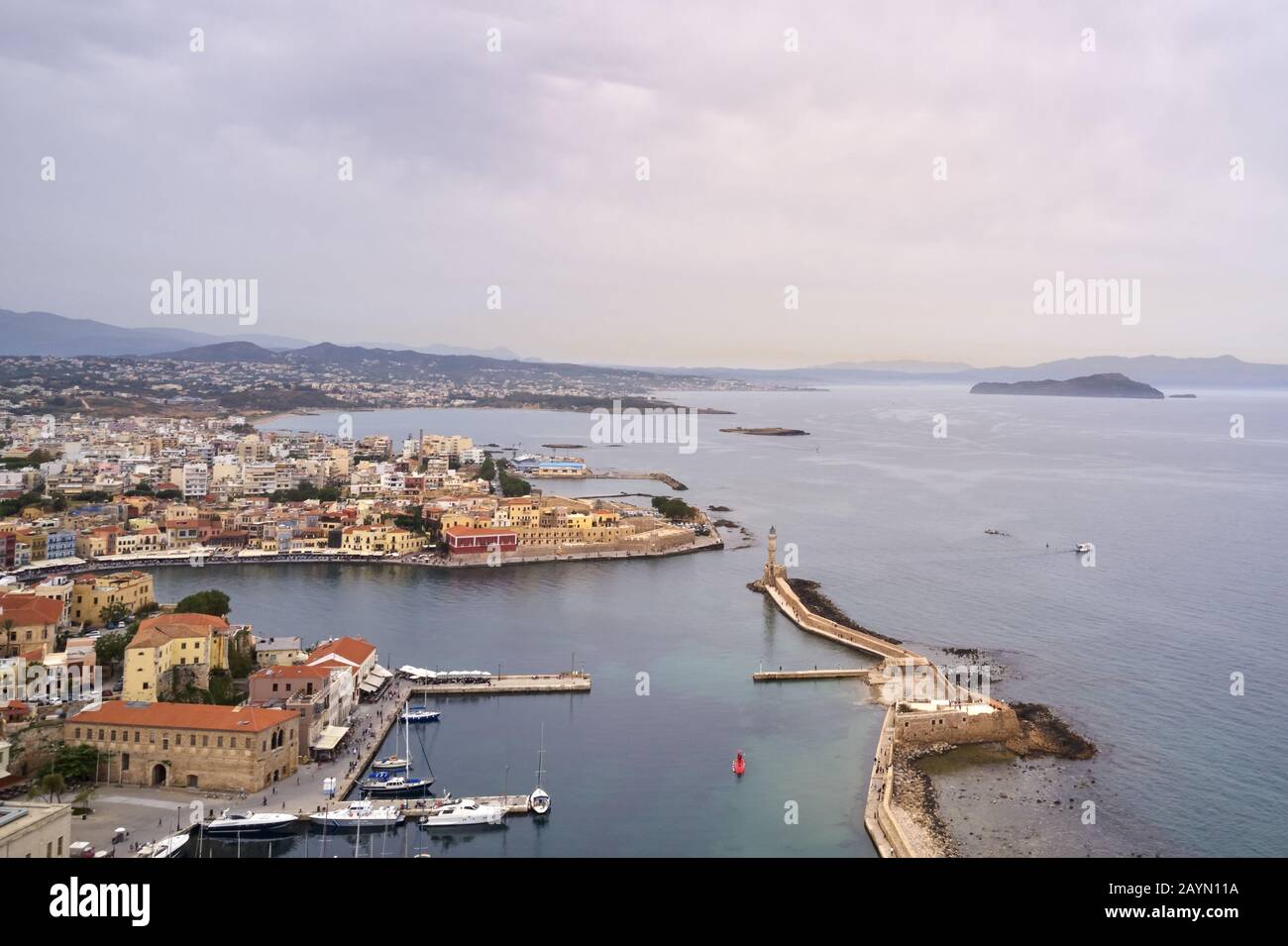 Panoramic drone aerial view from above of the city of Chania, Crete ...
