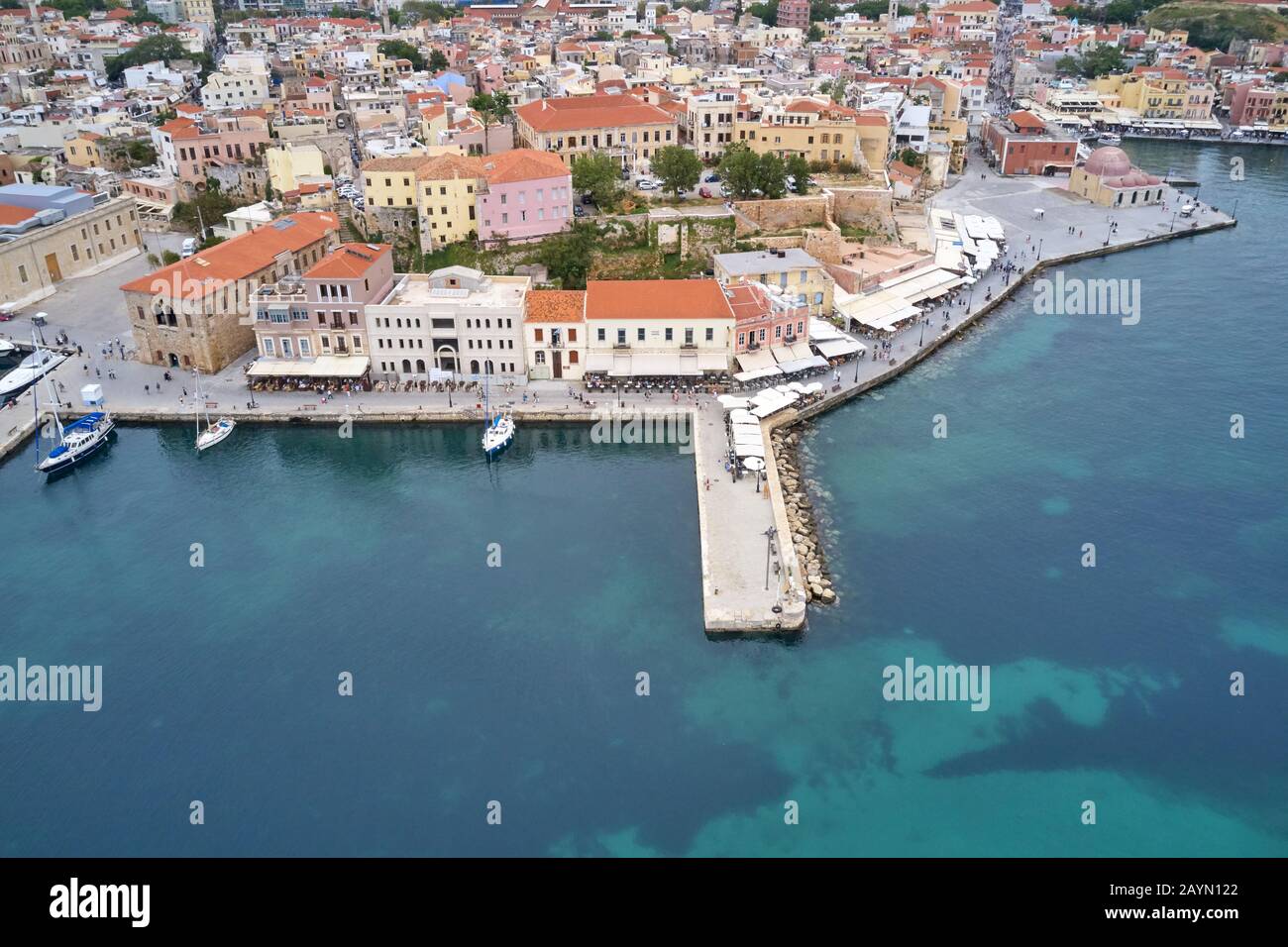 Panoramic drone aerial view from above of the city of Chania, Crete ...
