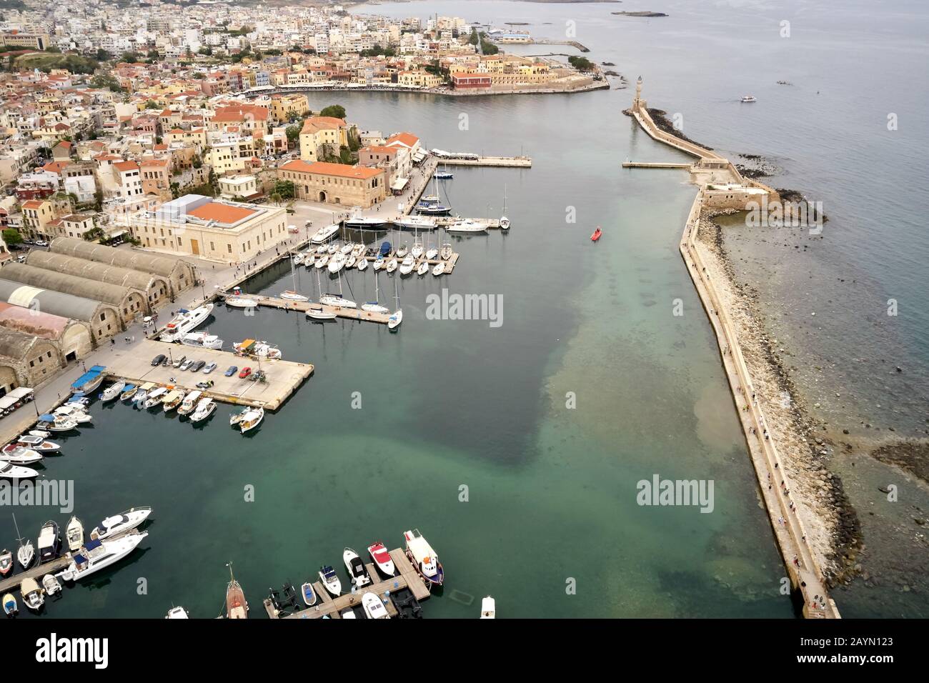 Panoramic drone aerial view from above of the city of Chania, Crete ...