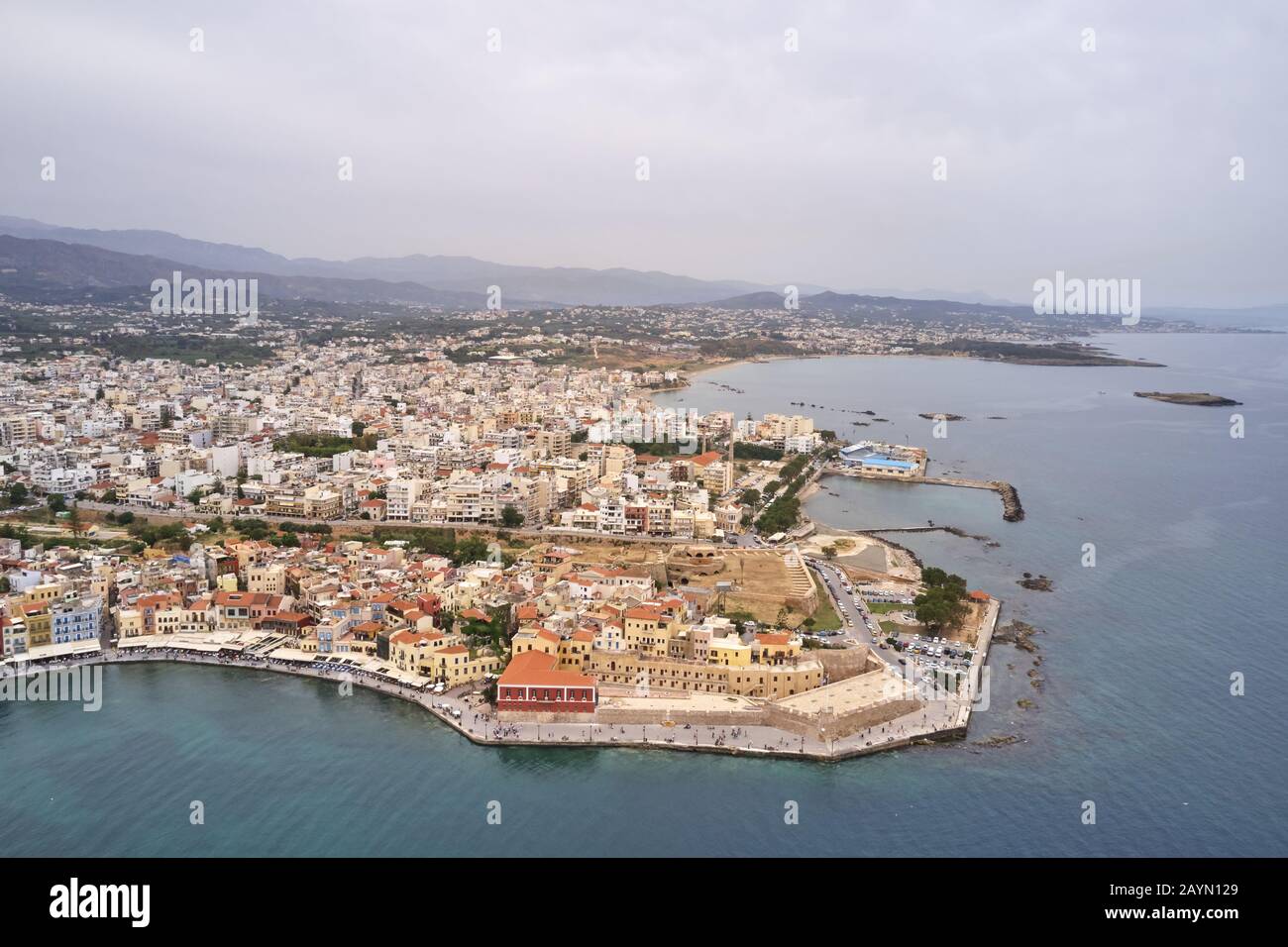 Panoramic drone aerial view from above of the city of Chania, Crete ...