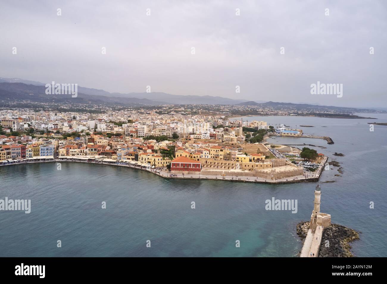 Panoramic drone aerial view from above of the city of Chania, Crete ...