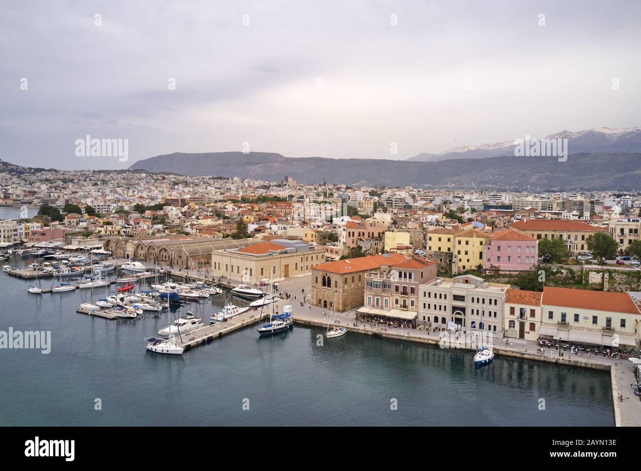 Panoramic drone aerial view from above of the city of Chania, Crete ...
