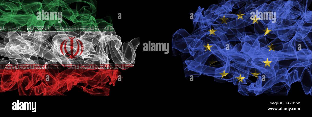 Flags of Iran and EU on Black background, Iran vs Europe Union Smoke ...