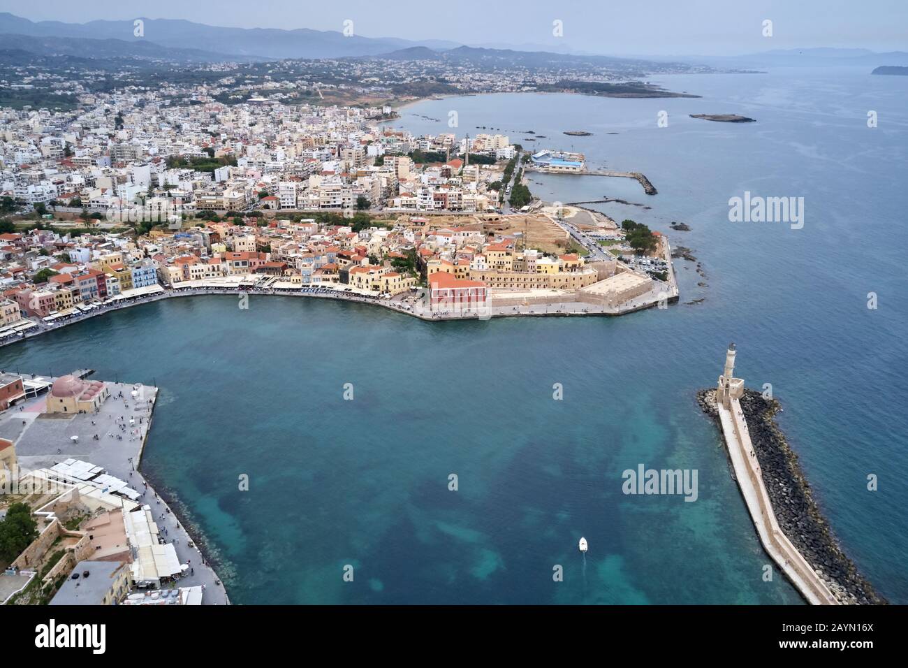 Panoramic drone aerial view from above of the city of Chania, Crete ...