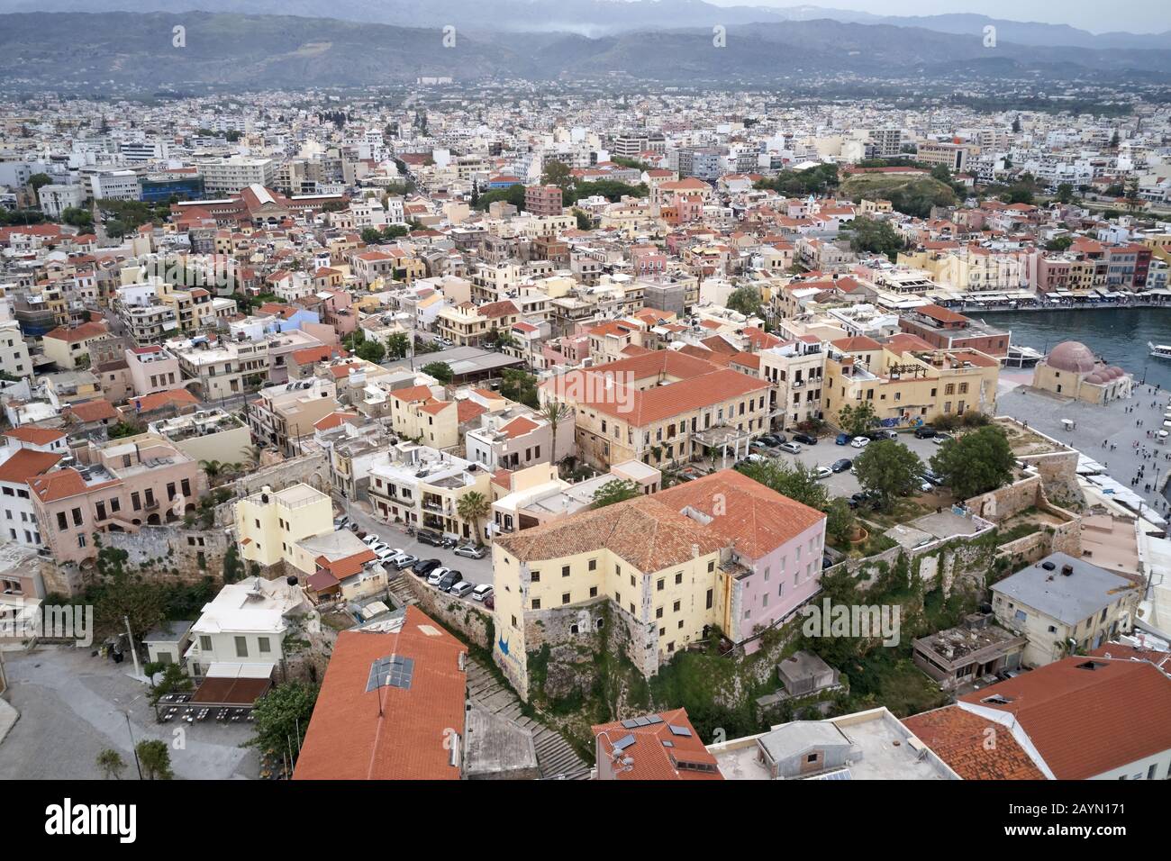 Panoramic drone aerial view from above of the city of Chania, Crete ...
