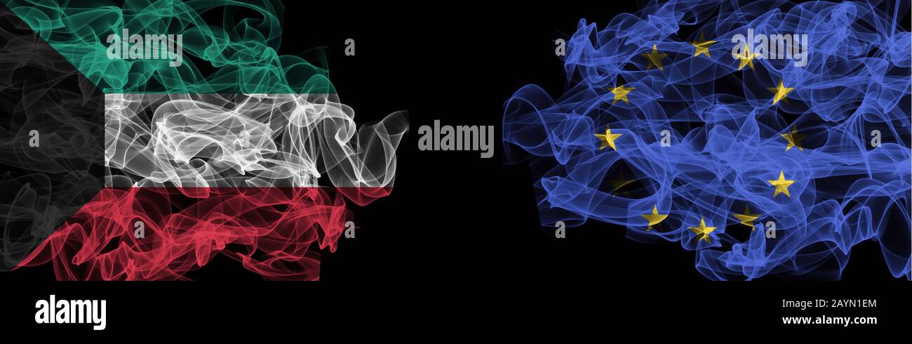 Flags of Kuwait and EU on Black background, Kuwait vs Europe Union ...