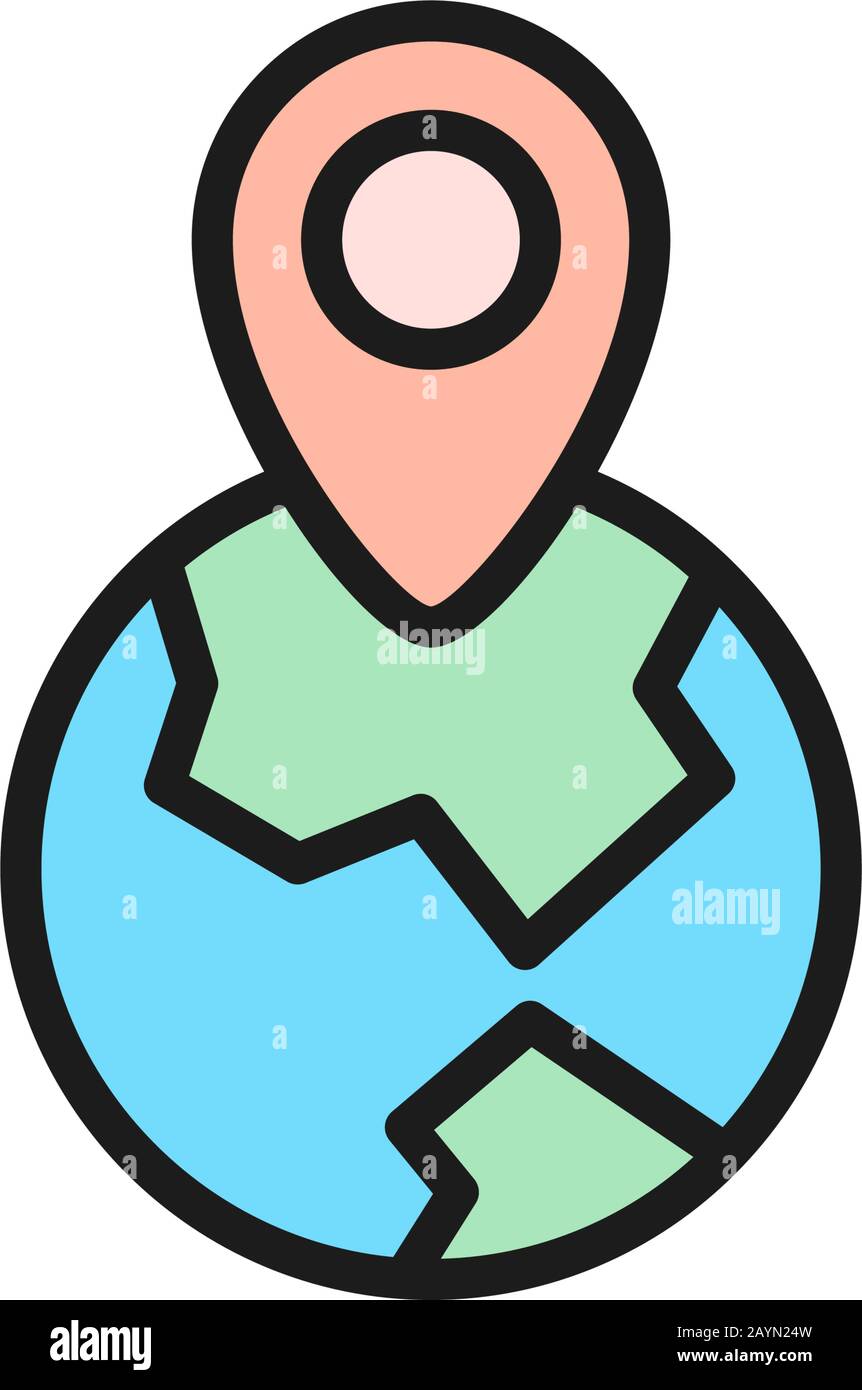 Globe with destination mark, location pin on earth flat color line icon ...