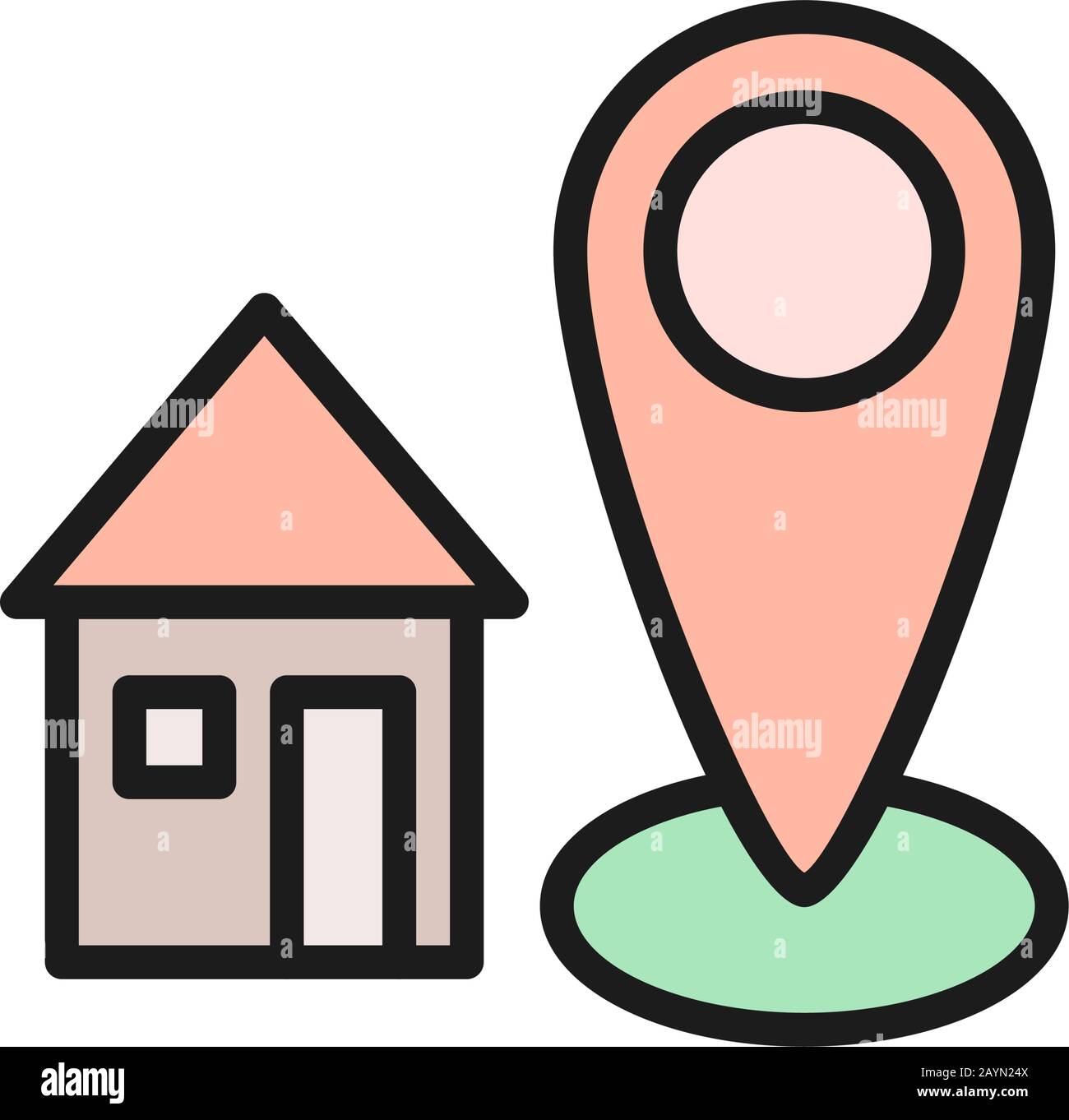 Home address, house with destination mark, geolocation flat color line ...