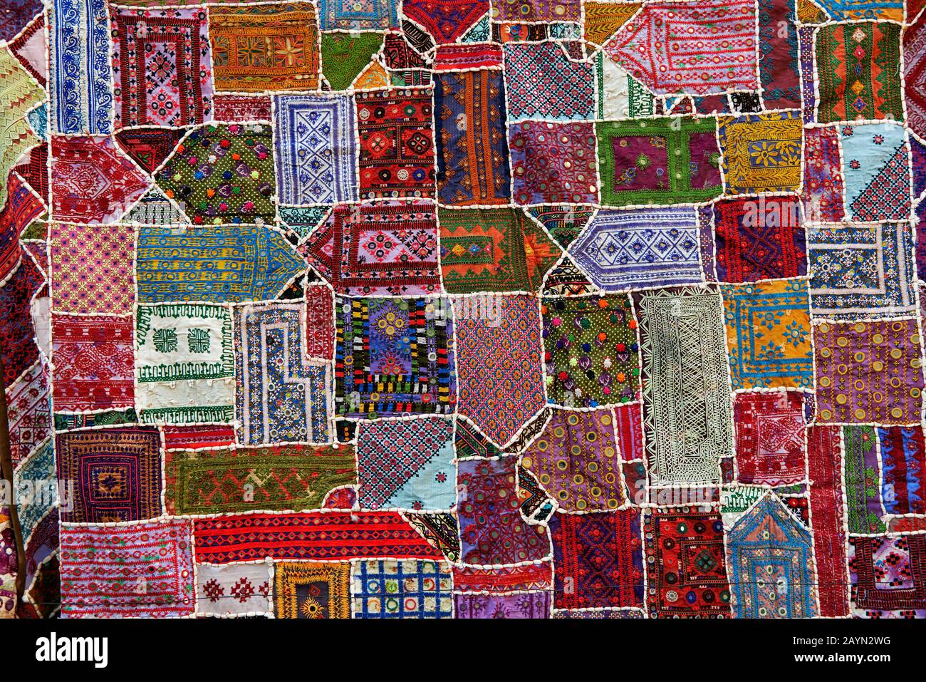 colorful pattern of different pieces of textiles in Jaisalmer ...