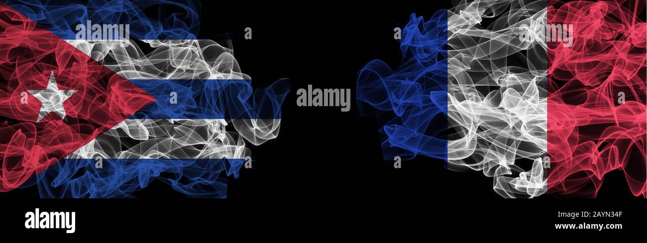 Flags of Cuba and France on Black background, Cuba vs France Smoke ...