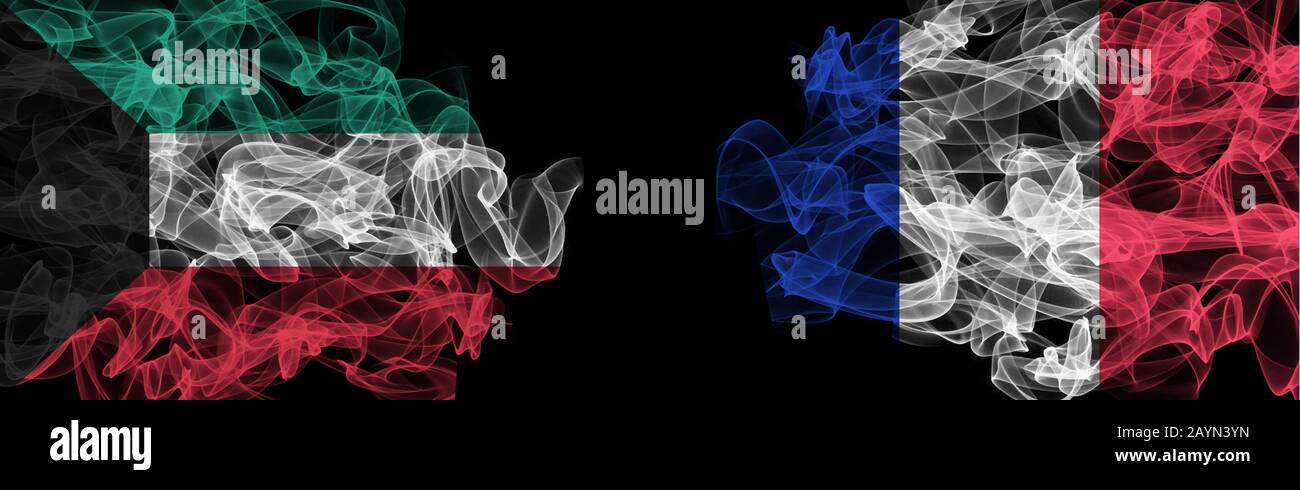 Flags of Kuwait and France on Black background, Kuwait vs France Smoke ...