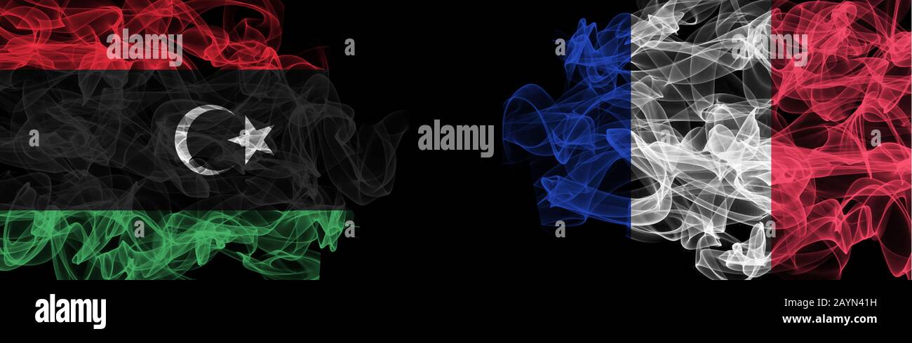 Flags of Libya and France on Black background, Libya vs France Smoke ...