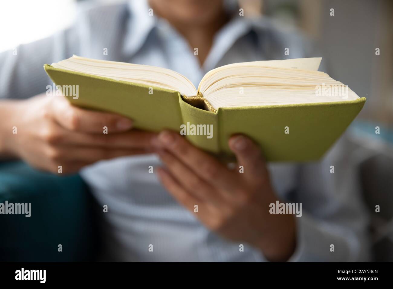 Young woman sit on couch reading book Stock Photo - Alamy