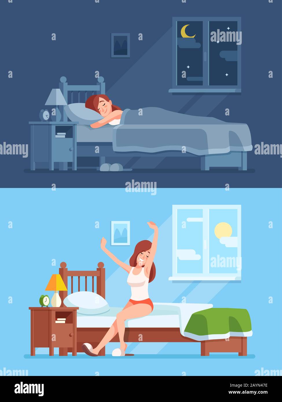 Lady Sleeping Under Duvet At Night Waking Up In Morning And Stretching Sitting On Mattress