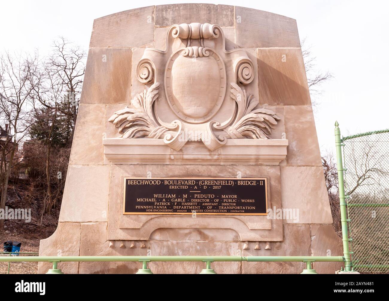 A bridge abutment on the Greenfield Bridge with a bronze plaque ...