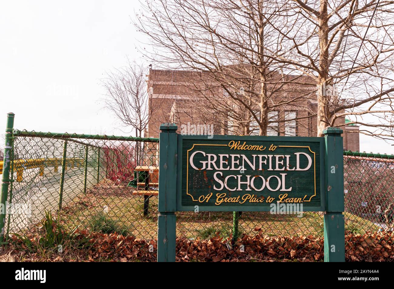 The sign at the entrance to Greenfield School, a Pittsburgh Public ...