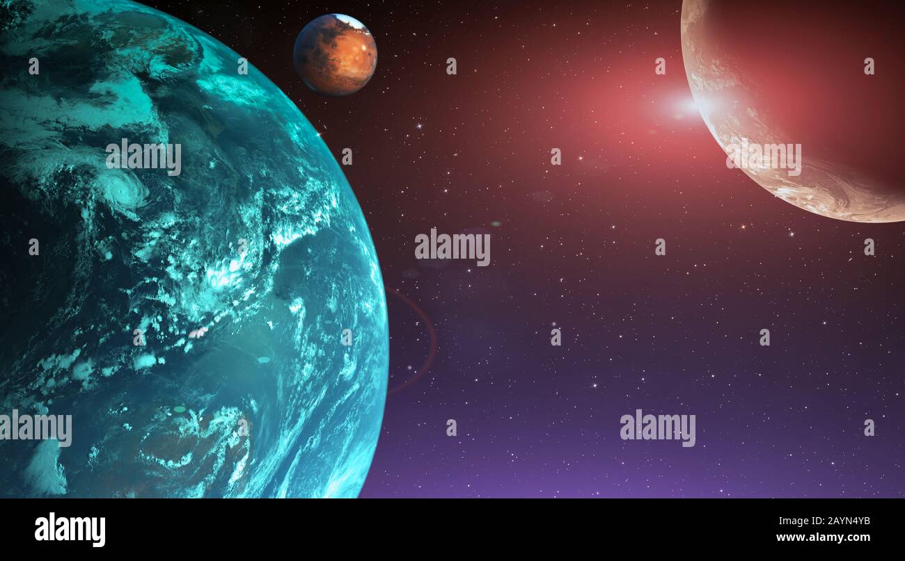 Planet with satellite in deep space fantasy cosmic background. 3D ...