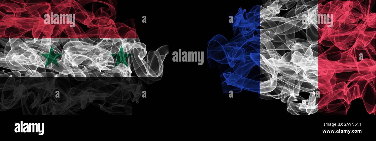 Flags of Syria and France on Black background, Syria vs France Smoke ...