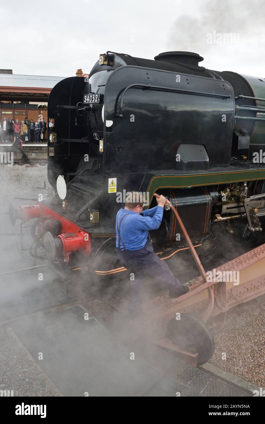 Battle of Britain Class locomotive 34046 Braunton (running as 34052 ...