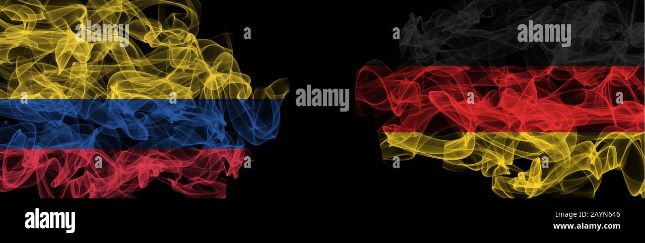 Flags of Colombia and Germany on Black background, Colombia vs Germany ...