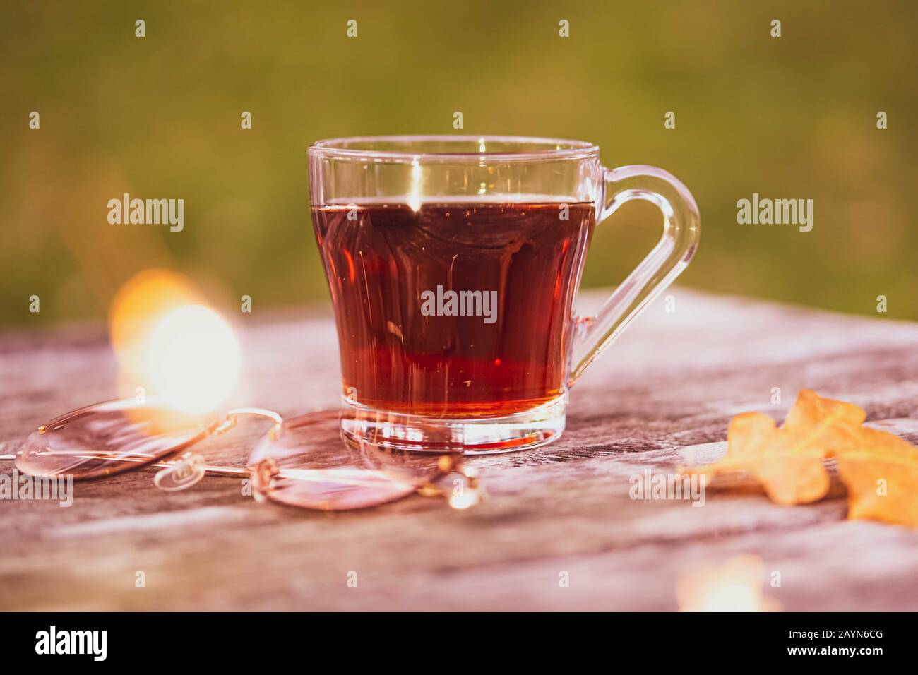 Cozy autumn tea break with a cup of tea , sunglasses, and dry autumn ...