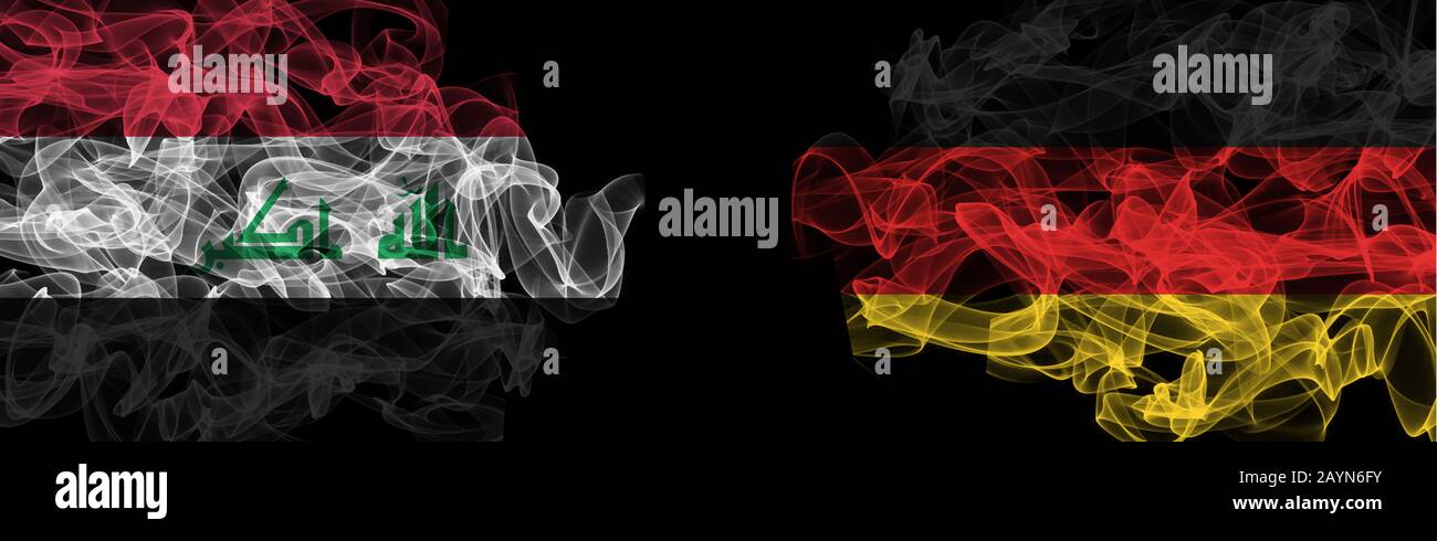 Flags of Iraq and Germany on Black background, Iraq vs Germany Smoke ...