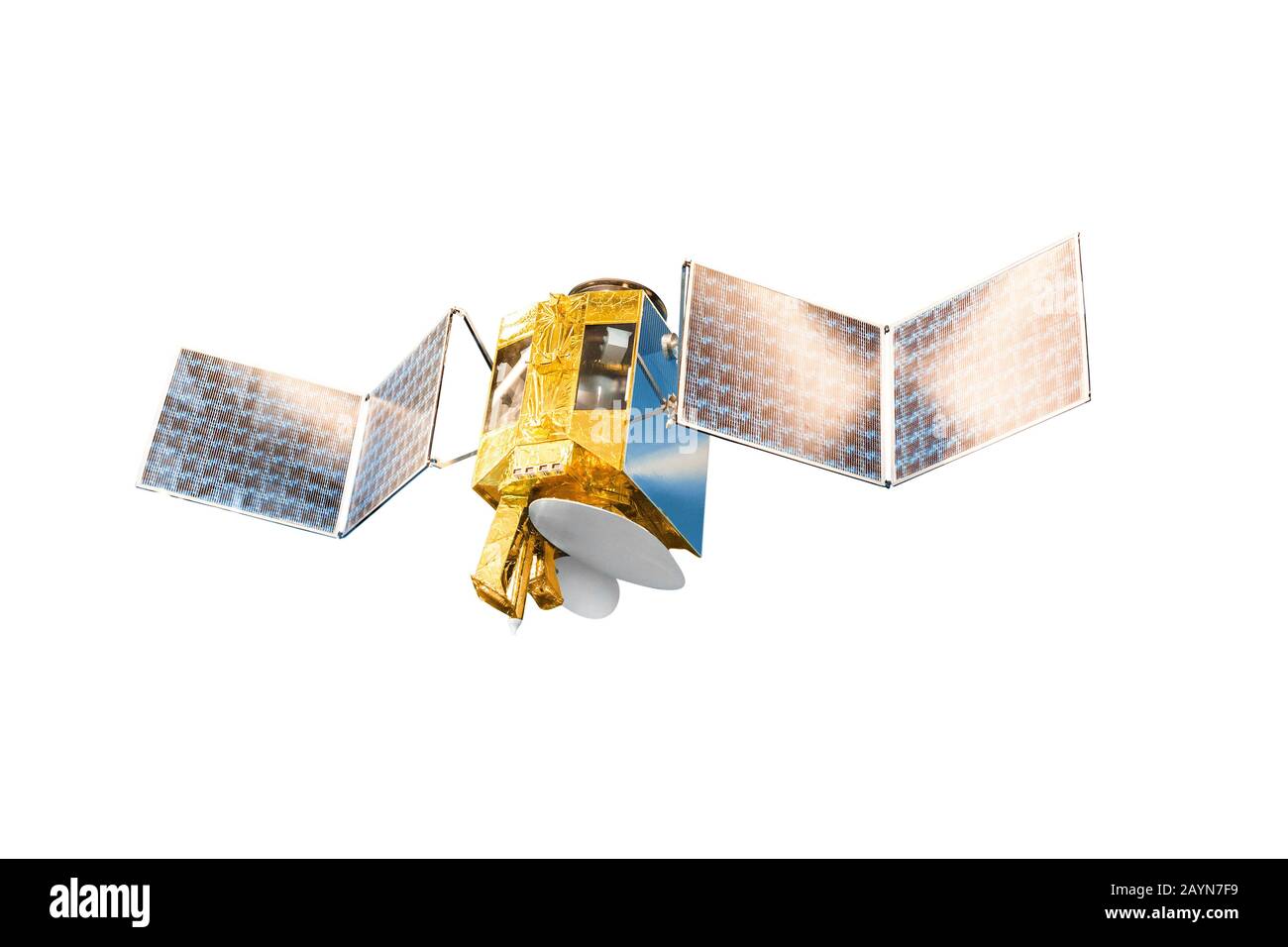 Satellite with solar panels isolated on white, internet communication ...