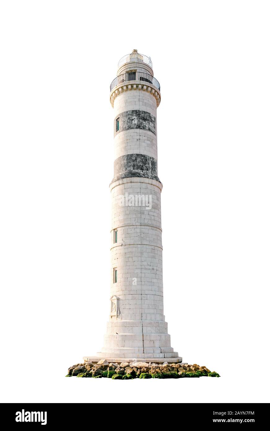 Tall Lighthouse with rocks isolated on white background Stock Photo - Alamy