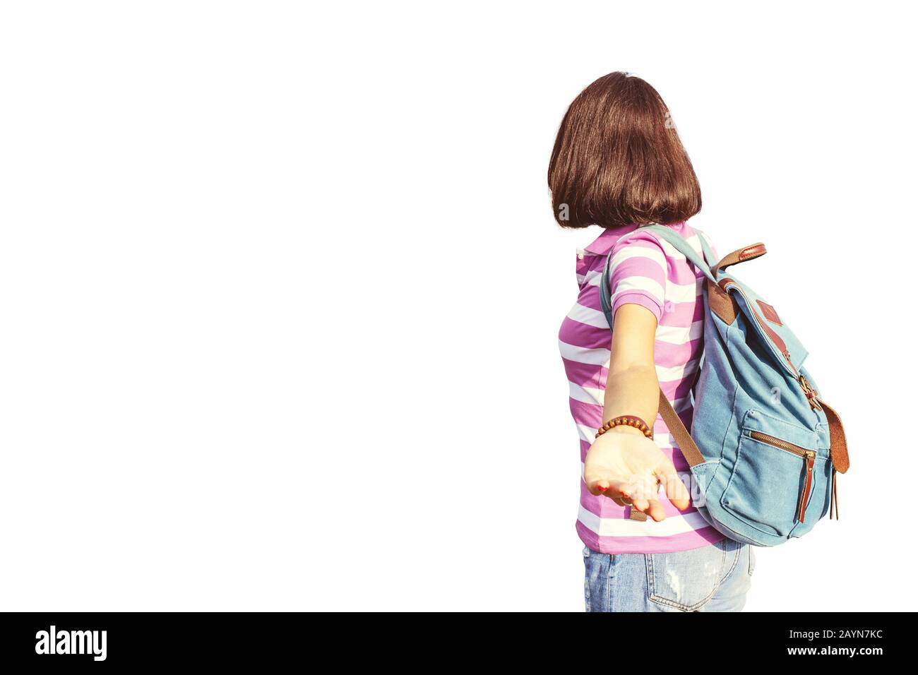 Follow traveler girl with backpack isolated on white background Stock ...