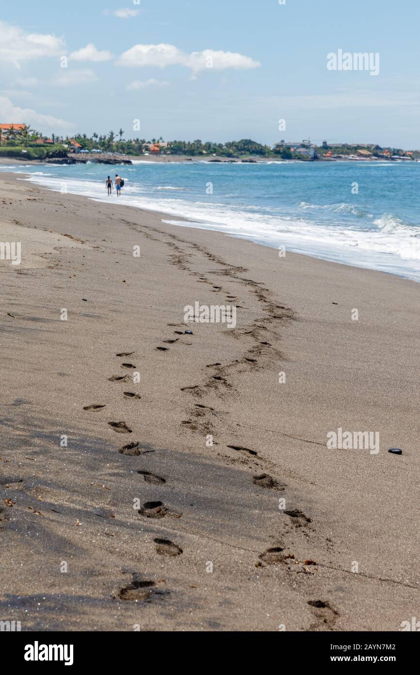 Double footprints on a beach and two people on the horizon walking away ...