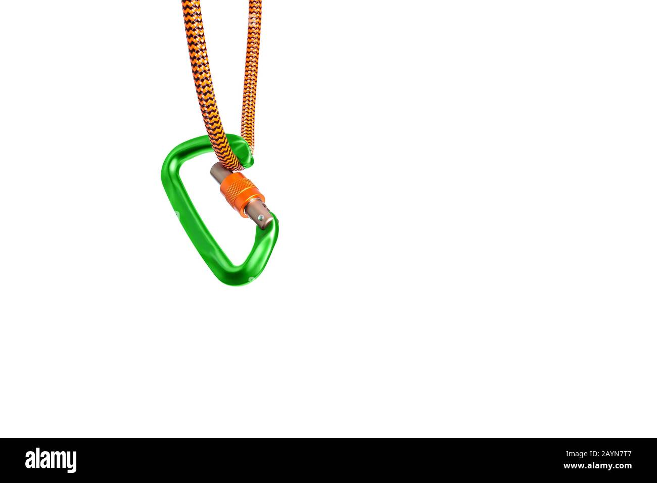 Incorrectly applied carabiner hanging on a rope. Concept of an accident ...