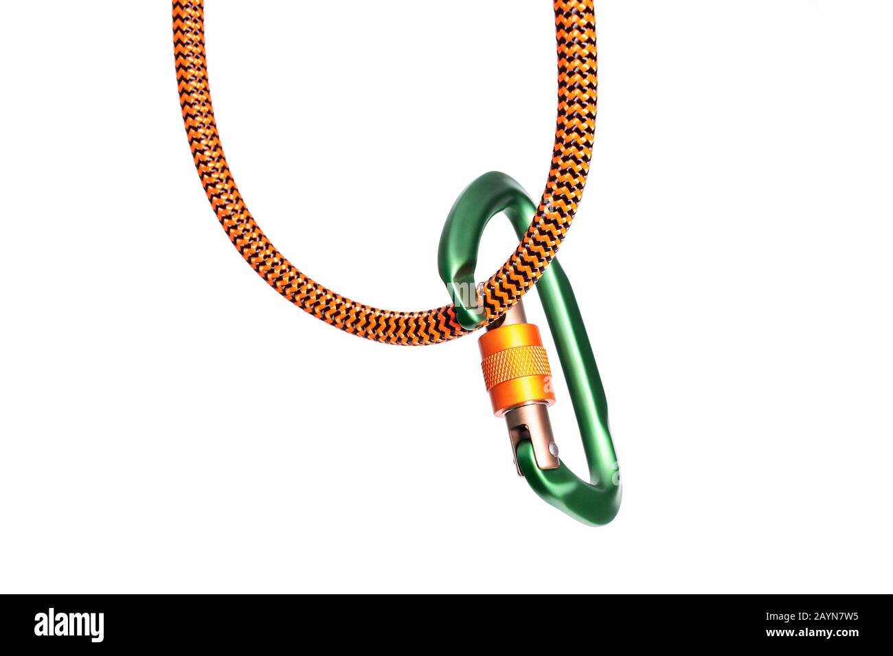 Incorrectly applied carabiner hanging on a rope. Concept of an accident ...