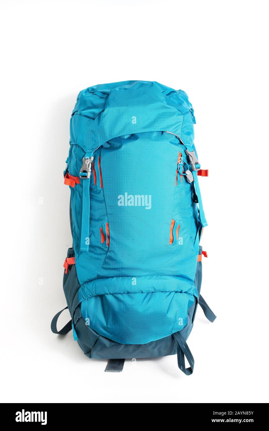 Modern hiking backpack isolated on white. Trekking gear and equipment ...