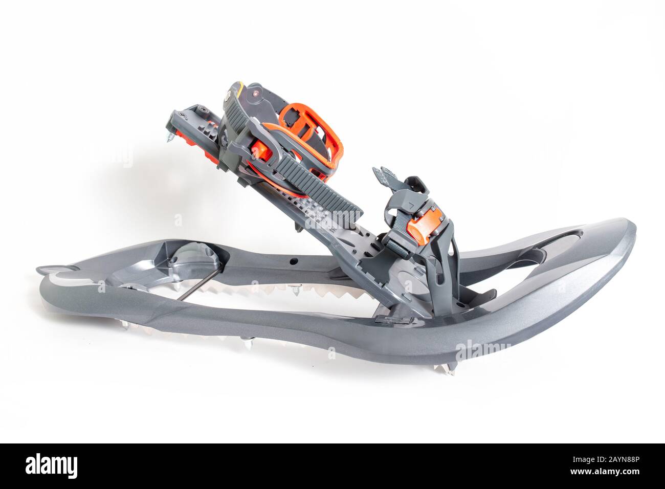 Fastener detail of snowshoes, studio shot. Winter hiking equipment ...