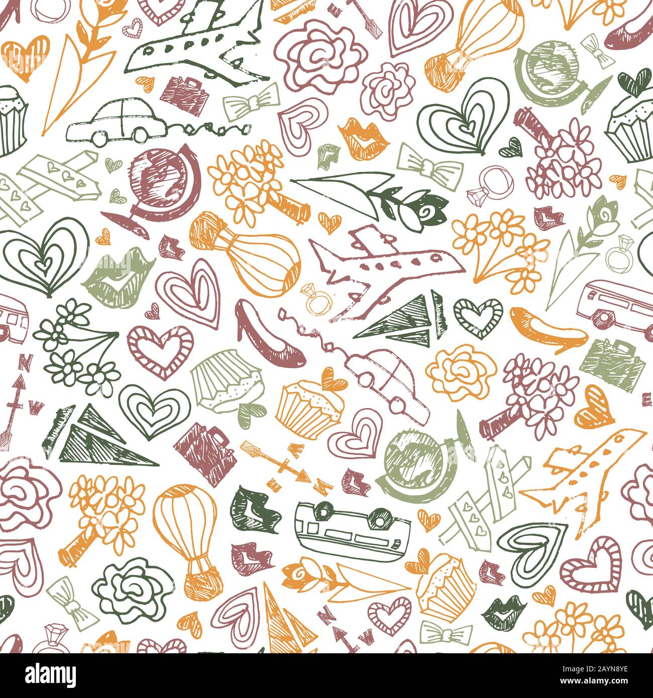Vector white honeymoon adventure doodle hand drawn repeat pattern ...