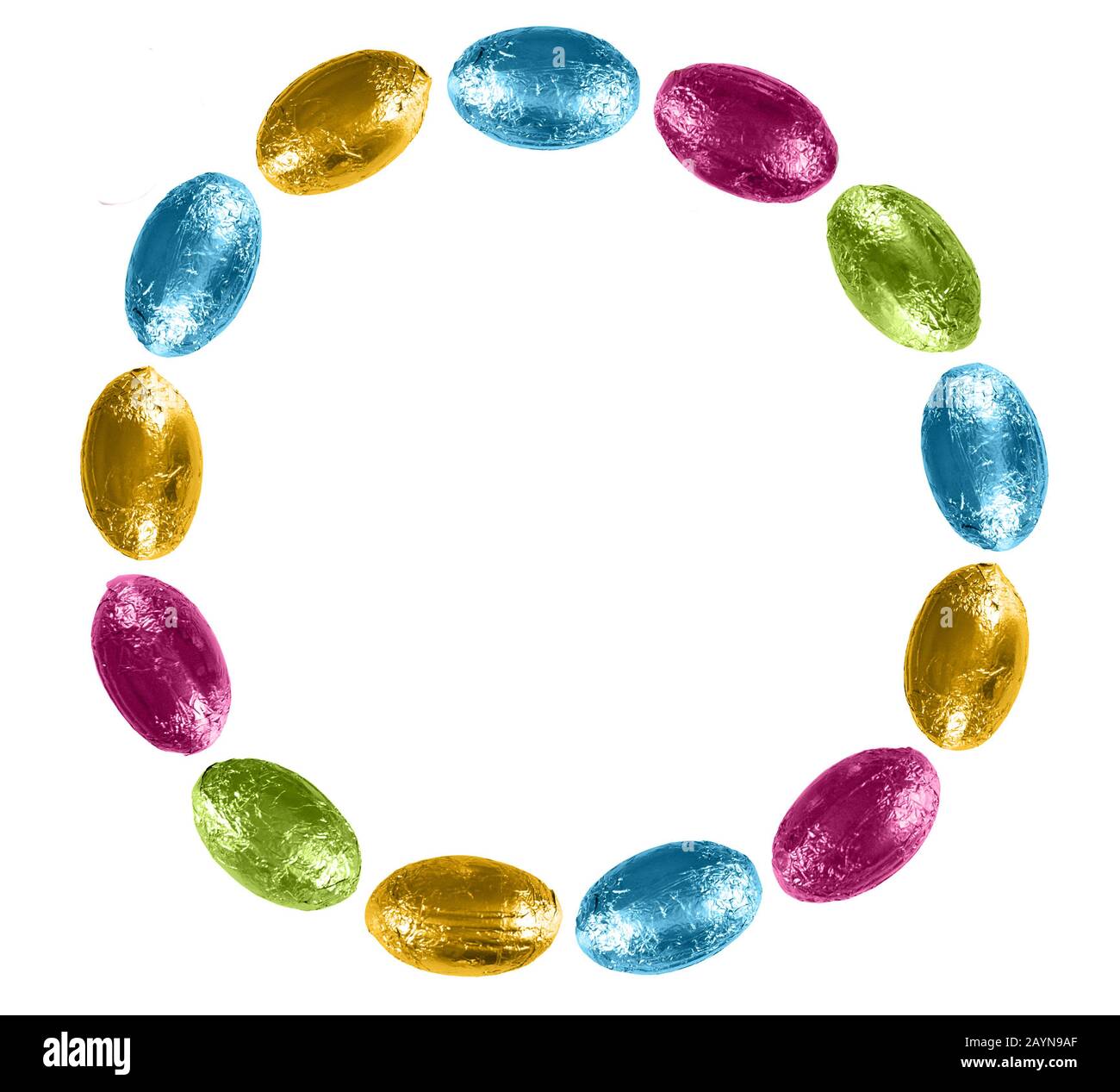 Easter egg circle, frame, isolated on white. Bright colourful chocolate ...