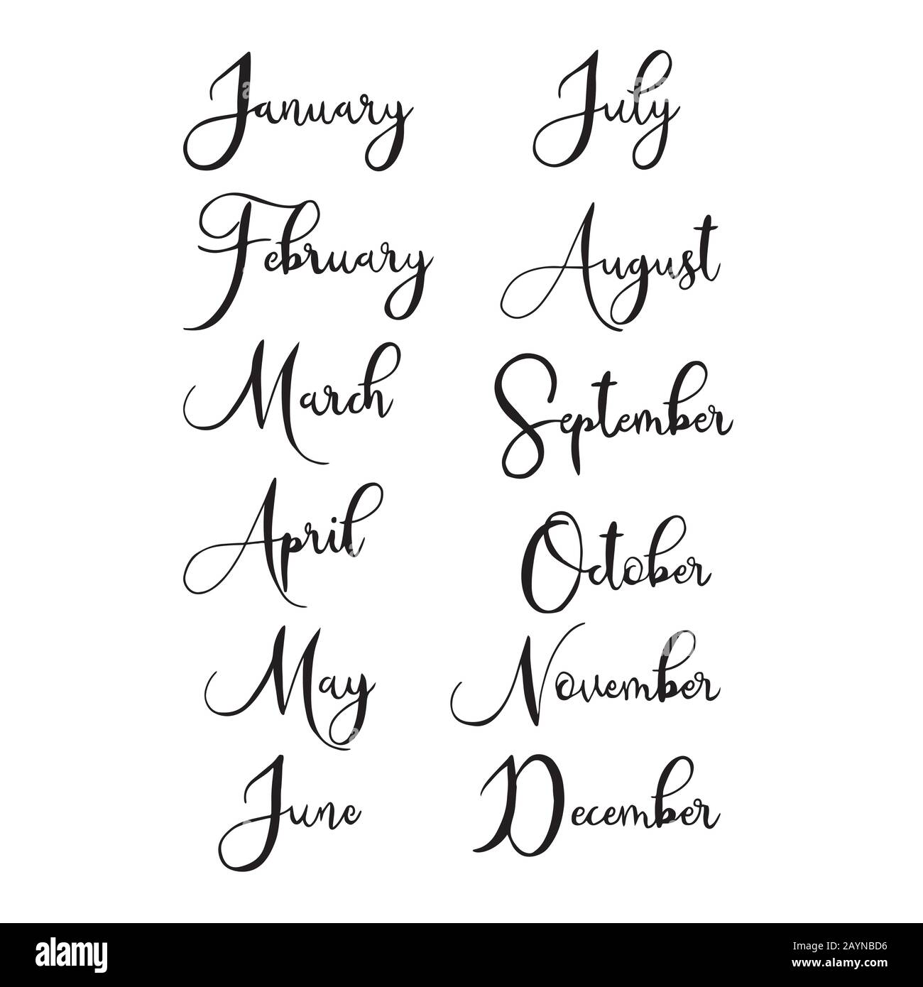 Hand drawn calligraphy lettering month January, February, March , July ...