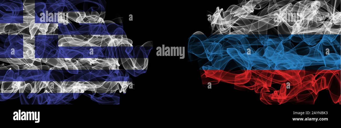 Flags of Greece and Russia on Black background, Greece vs Russia Smoke ...