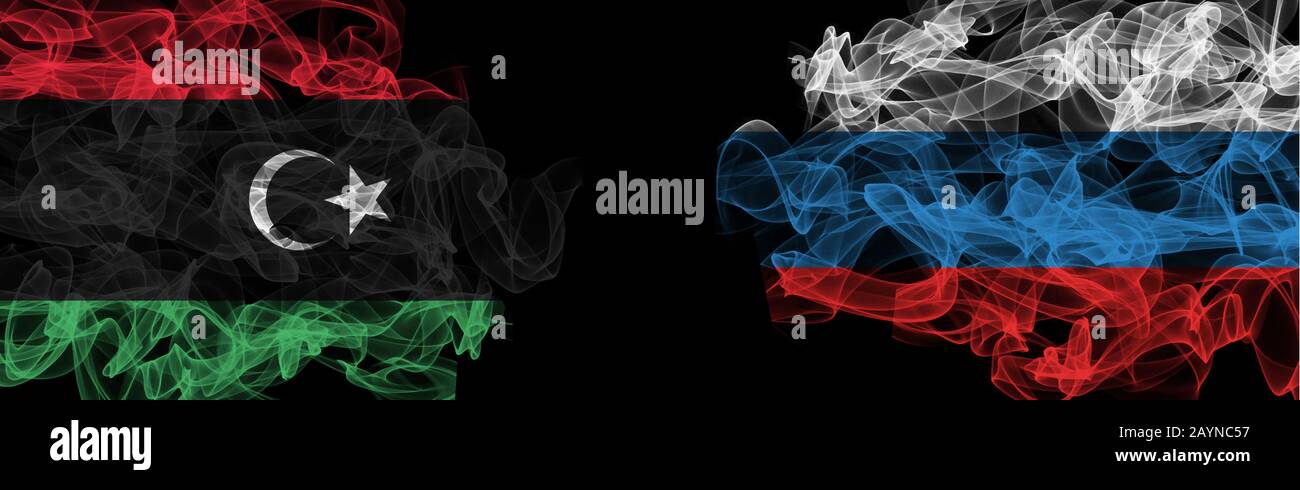 Flags of Libya and Russia on Black background, Libya vs Russia Smoke ...