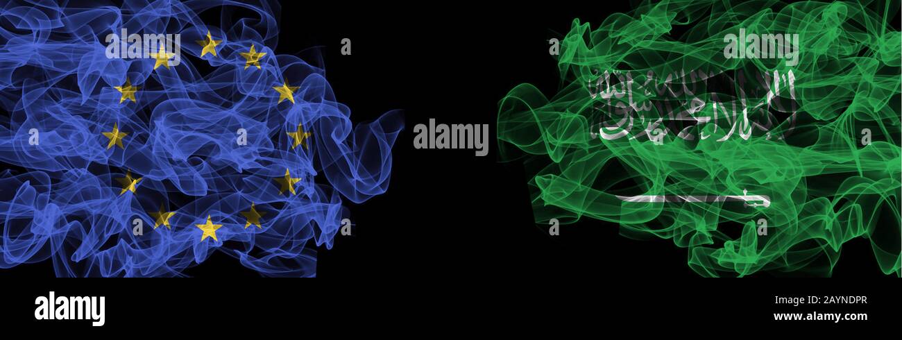 Flags of EU and Saudi Arabia on Black background, EU vs Saudi Arabia ...