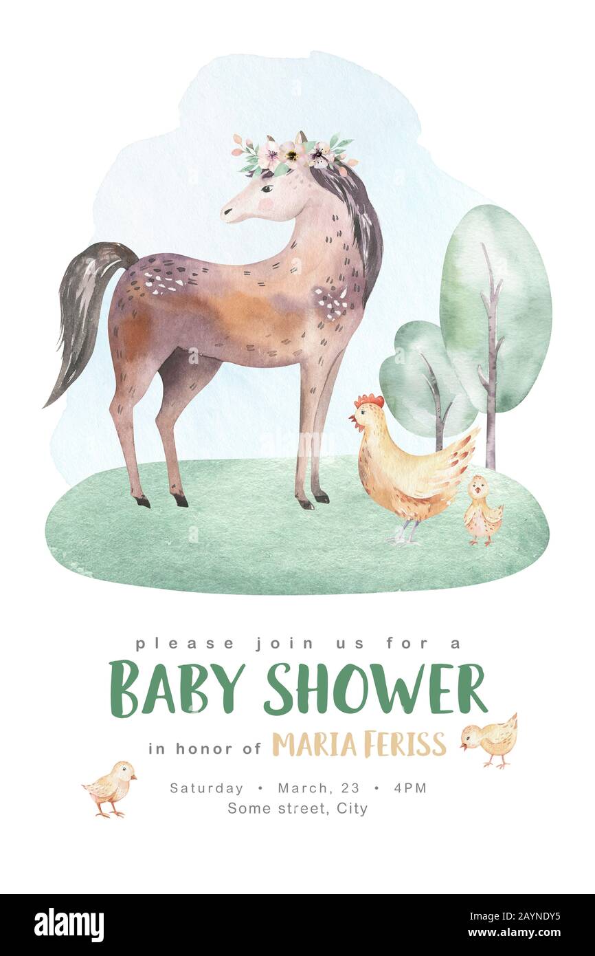 farms animal set. Cute domestic pets watercolor illustration. horse and ...