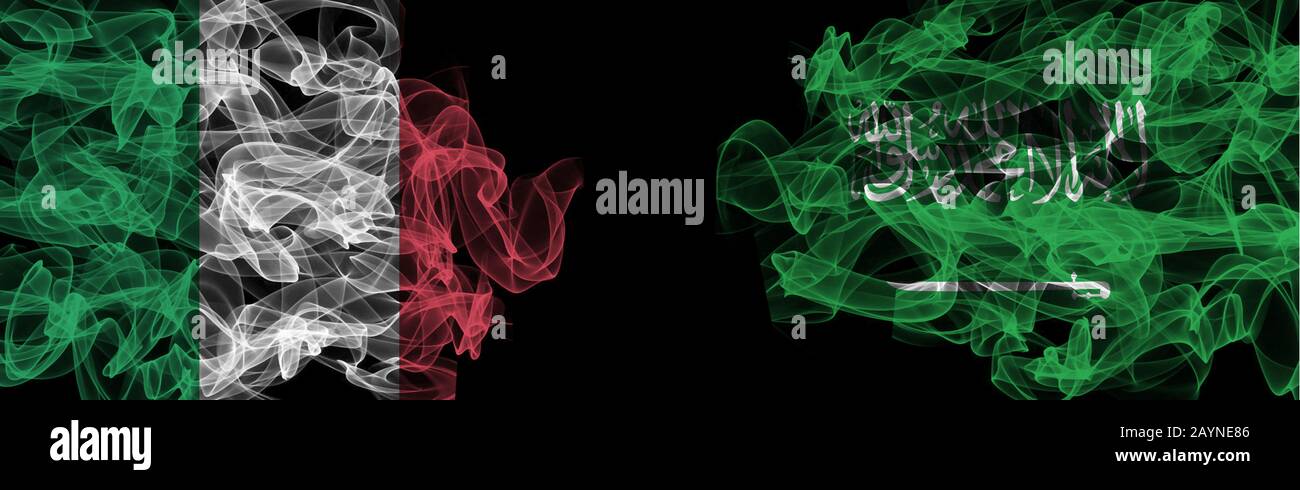 Flags of Italy and Saudi Arabia on Black background, Italy vs Saudi ...